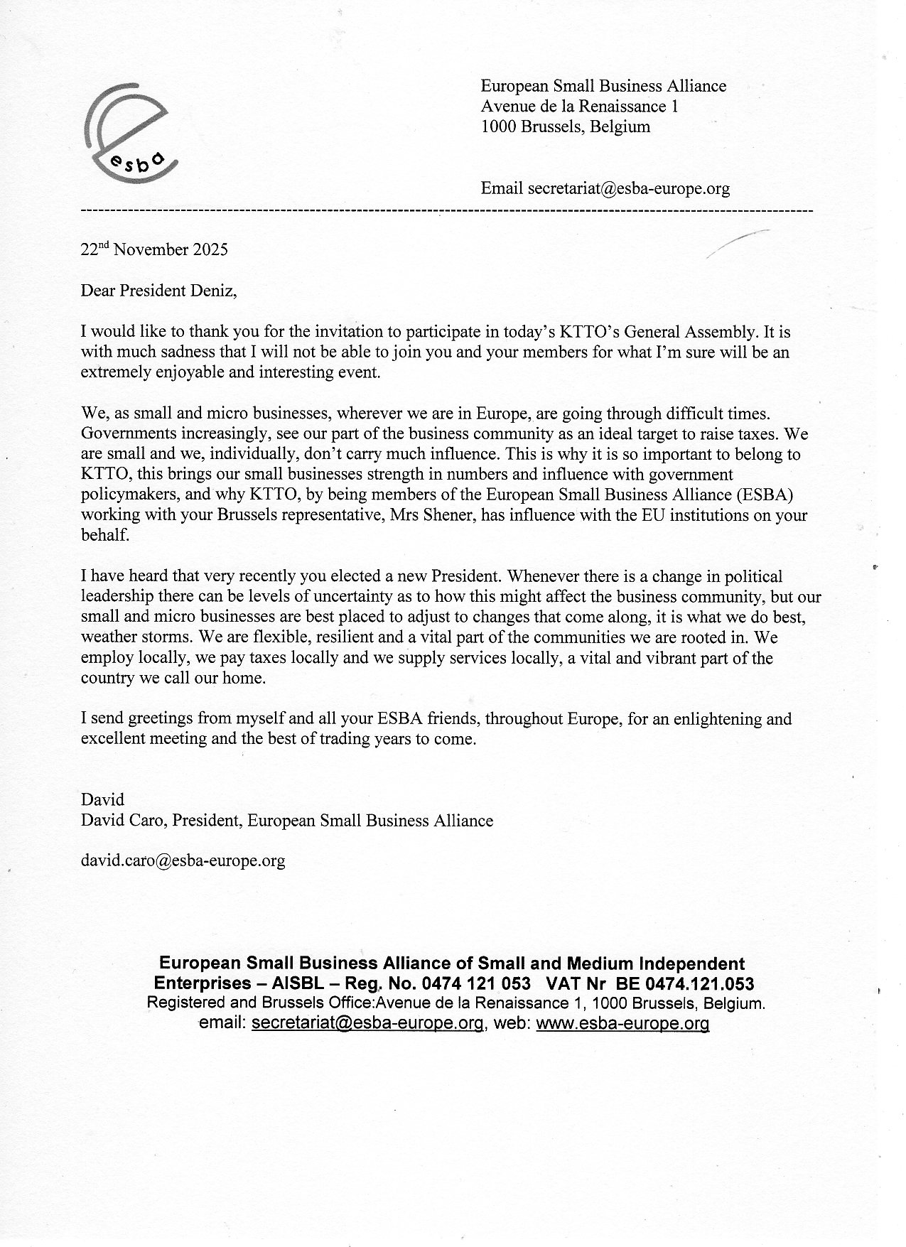 ESBA President message to KTTO General Assembly 22 November 2025 - Esba